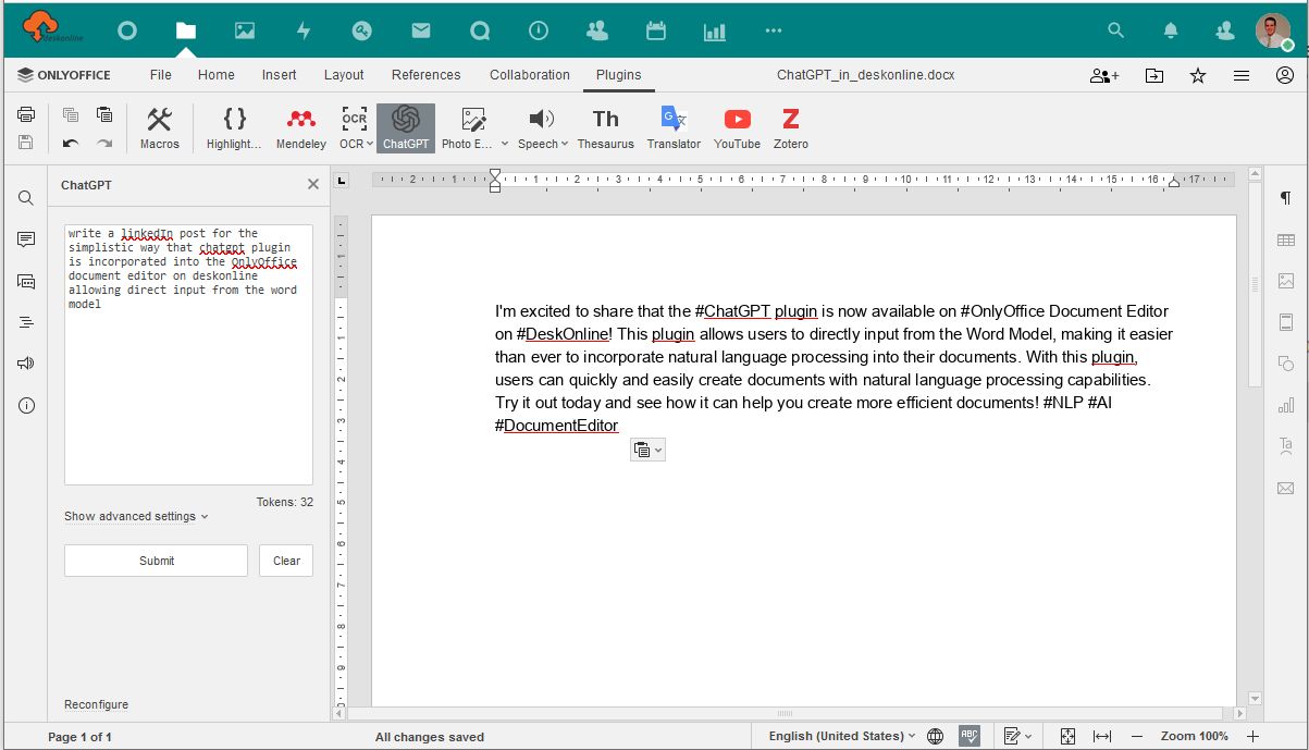 ChatGPT plugin now available on ONLYOFFICE Document Editor on deskonline!